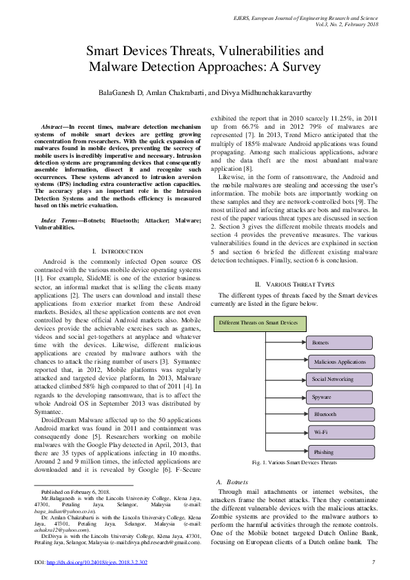 Pdf Smart Devices Threats Vulnerabilities And Malware Detection Approaches A Survey