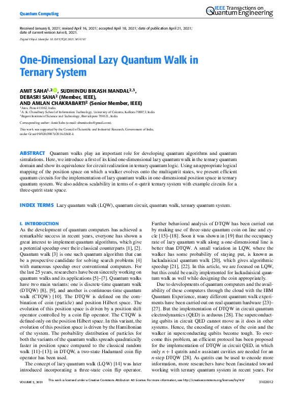 (PDF) One-Dimensional Lazy Quantum Walk in Ternary System
