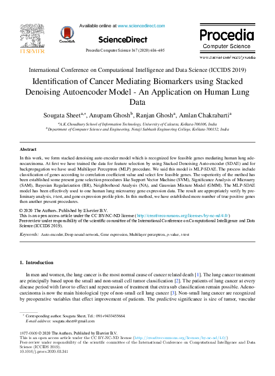 Pdf Identification Of Cancer Mediating Biomarkers Using Stacked Denoising Autoencoder Model