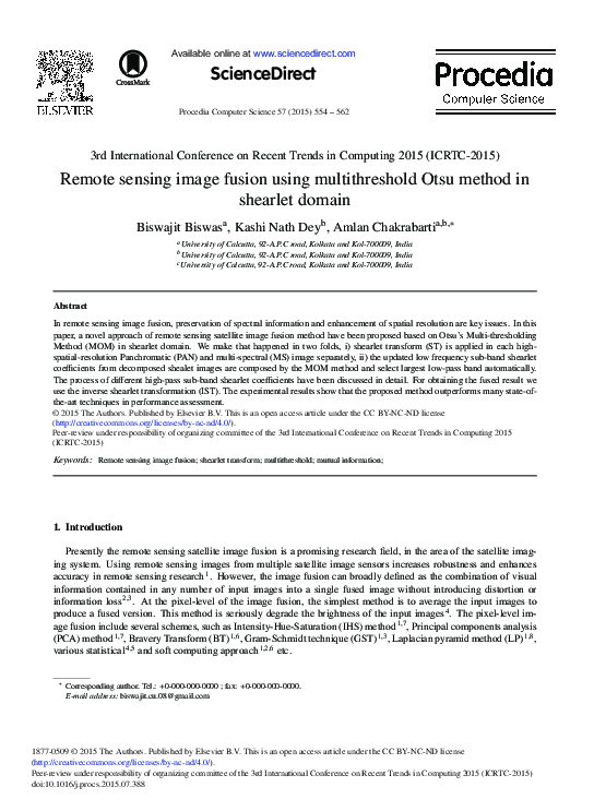 (PDF) Remote Sensing Image Fusion using Multithreshold Otsu Method in Shearlet Domain