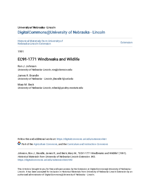 (PDF) EC91-1771 Windbreaks and Wildlife