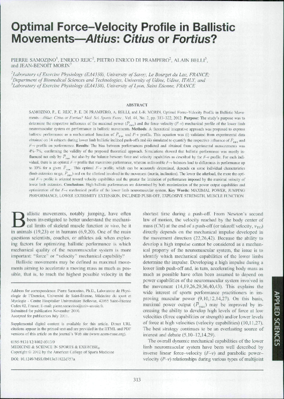 (PDF) Optimal Force–Velocity Profile in Ballistic Movements—Altius