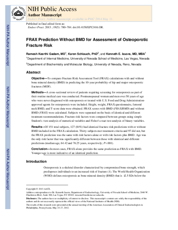 (PDF) Frax Prediction without BMD for Assessment of Osteoporotic Fracture Risk