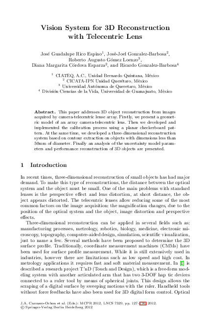 (PDF) Vision System for 3D Reconstruction with Telecentric Lens