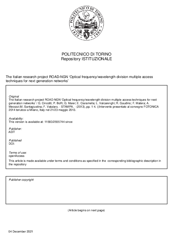 (PDF) The Italian research project ROAD-NGN ‘Optical frequency ...