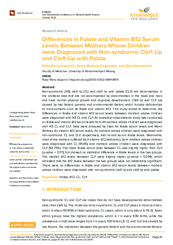 (PDF) Folate and B12 Levels in Mothers of Cleft Children