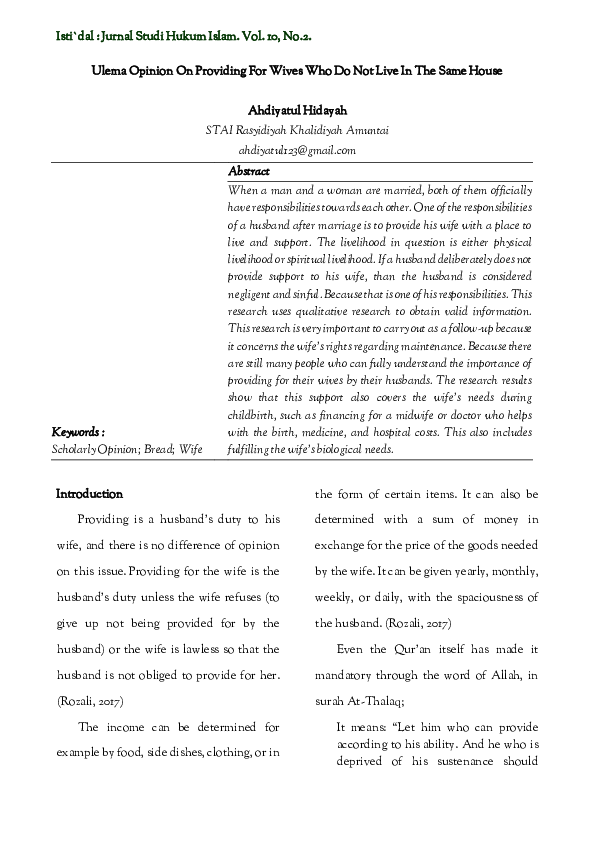 (PDF) Ulema Opinion on Providing for Wives Who Do Not Live in the Same House