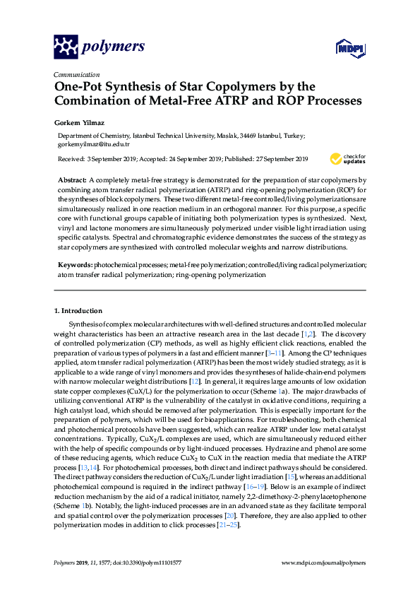 (PDF) One-Pot Synthesis of Star Copolymers by the Combination of Metal ...