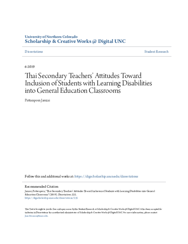 (PDF) Thai Secondary Teachers’ Attitudes Toward Inclusion of Students ...