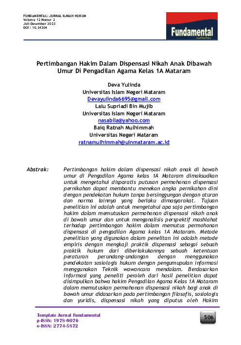 (PDF) Deva Pertimbangan Hakim Dalam Dispensasi Nikah Anak Dibawah Umur Di Pengadilan Agama Kelas ...