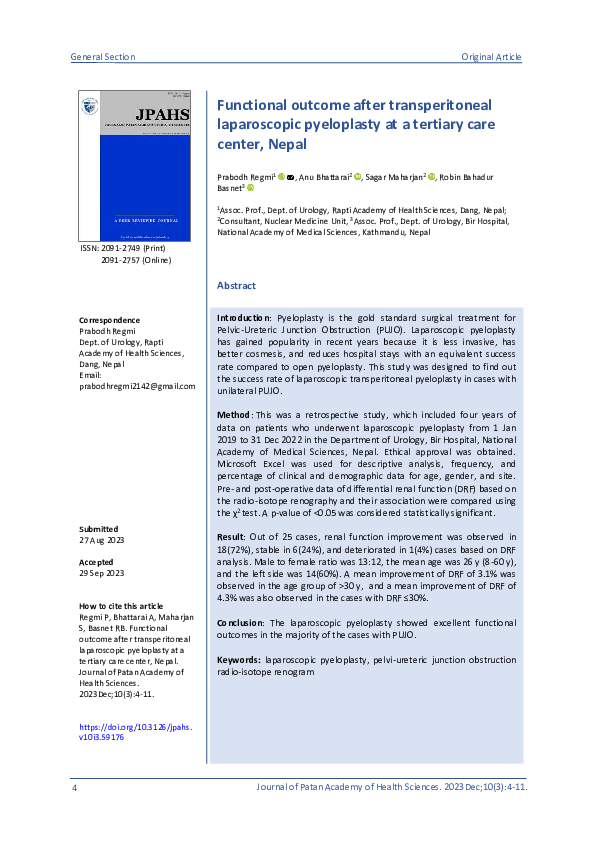 (PDF) Functional outcome after transperitoneal laparoscopic pyeloplasty ...