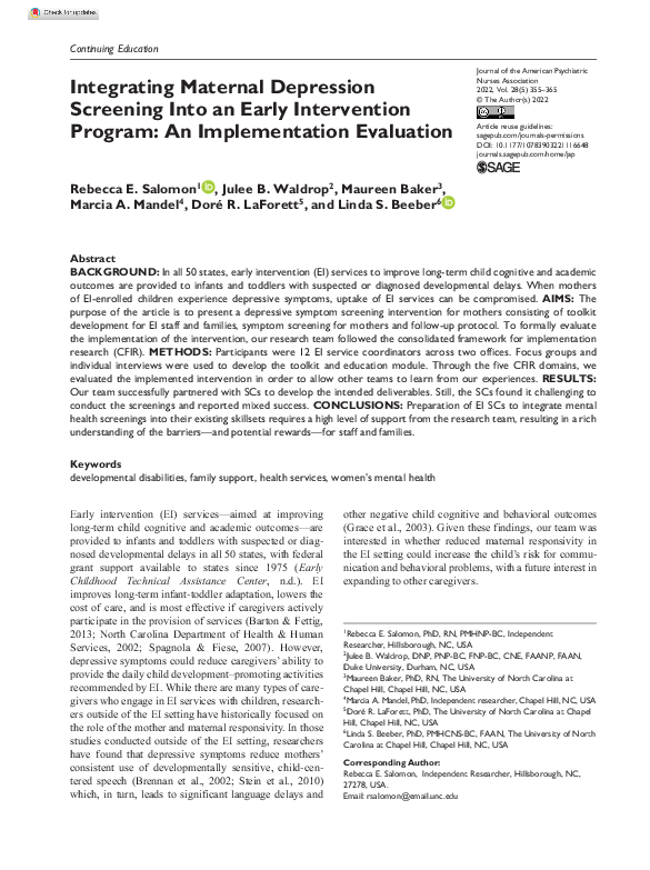 (PDF) Integrating Maternal Depression Screening Into an Early ...