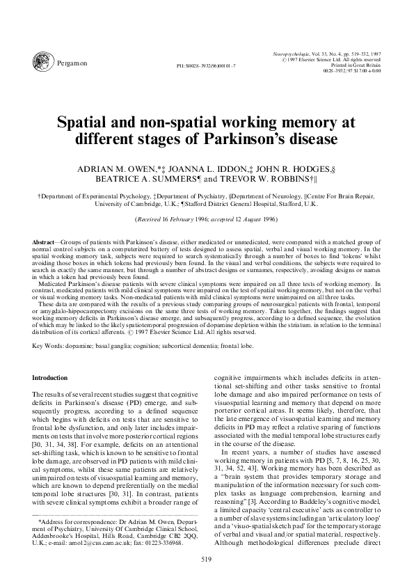 (PDF) Spatial and non-spatial working memory at different stages of Parkinson's disease | Dr JL ...