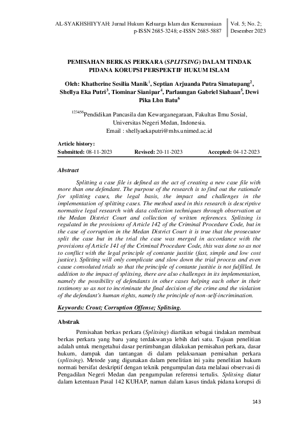 (PDF) Pemisahan Berkas Perkara (Splitsing) Dalam Tindak Pidana Korupsi Perspektif Hukum Islam ...