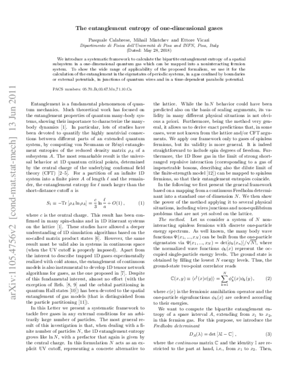 (PDF) Entanglement Entropy of One-Dimensional Gases