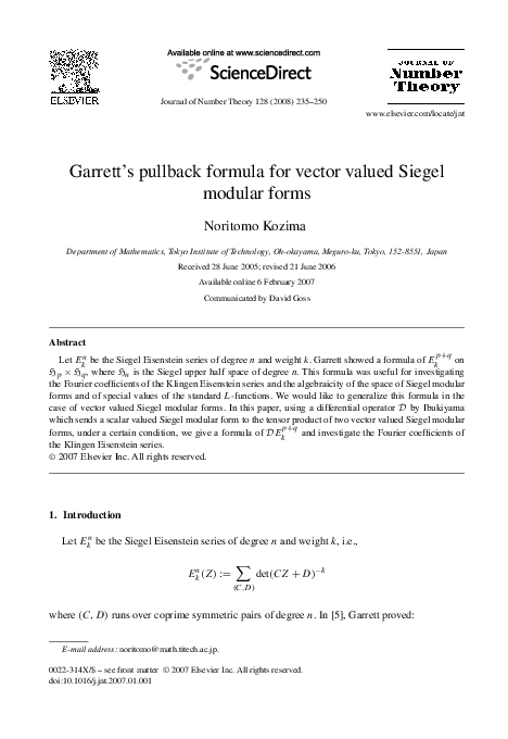 (PDF) Garrett's pullback formula for vector valued Siegel modular forms