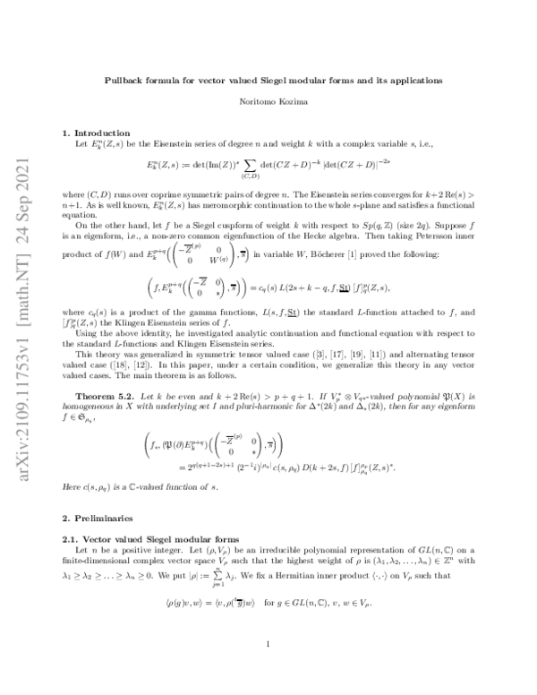 (PDF) Pullback formula for vector valued Siegel modular forms and its applications