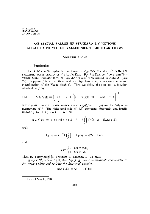 Pdf On Special Values Of Standard L Functions Attached To Vector Valued Siegel Modular Forms