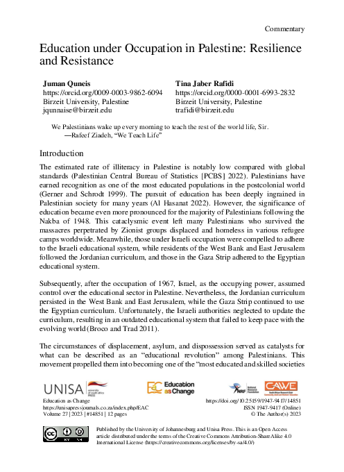 (PDF) Education under Occupation in Palestine: Resilience and Resistance