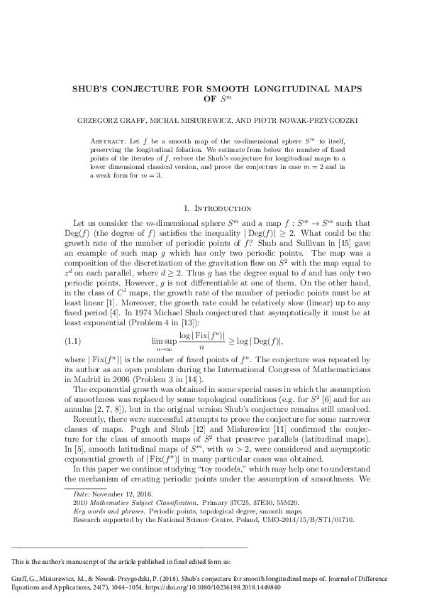 (PDF) Shub’s conjecture for smooth longitudinal maps of Sm | Piotr ...