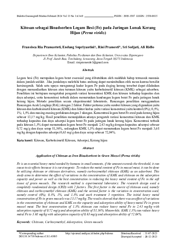 (PDF) Kitosan sebagai Bioadsorben Logam Besi (Fe) pada Jaringan Lunak ...