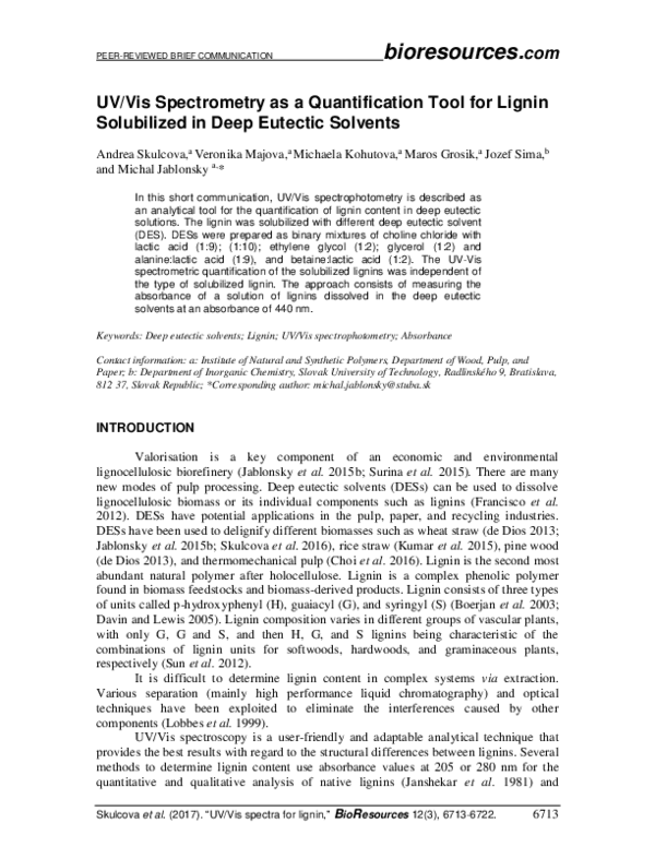 (PDF) UV/Vis Spectrometry as a Quantification Tool for Lignin ...