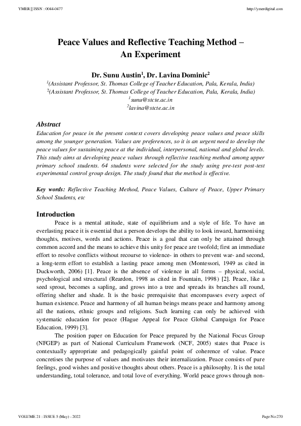 (PDF) Peace Values and Reflective Teaching Method – An Experiment