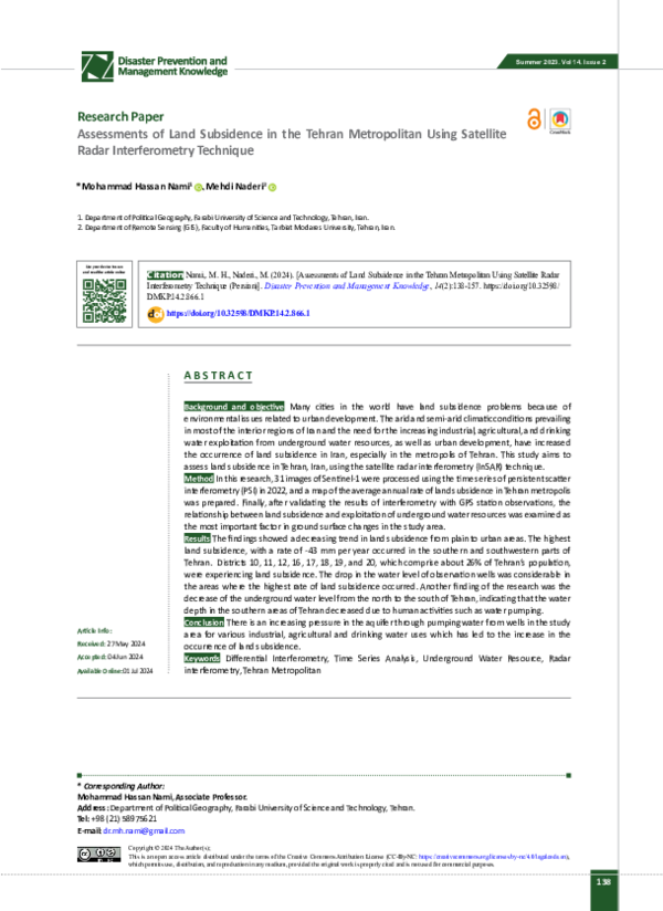 Pdf Assessments Of Land Subsidence In The Tehran Metropolitan Using Satellite Radar