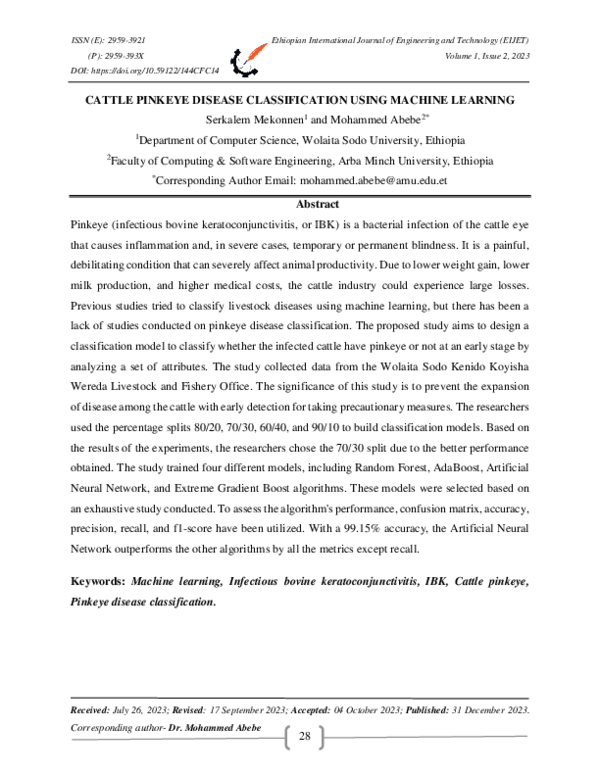 (PDF) Cattle Pinkeye Disease Classification using Machine Learning