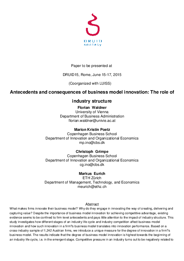 (PDF) Antecedents and Consequences of Business Model Innovation: The Role of Industry Structure