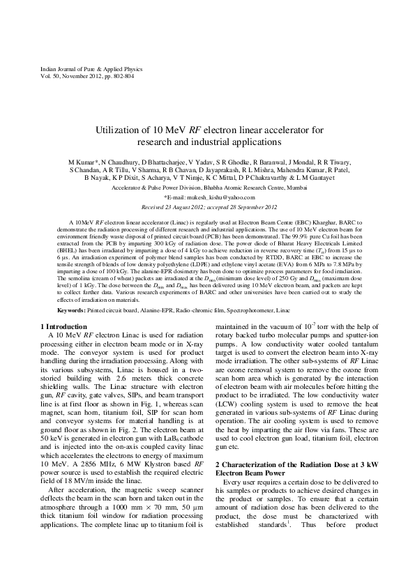 (PDF) Utilization of 10 MeV RF electron linear accelerator for research and industrial applications