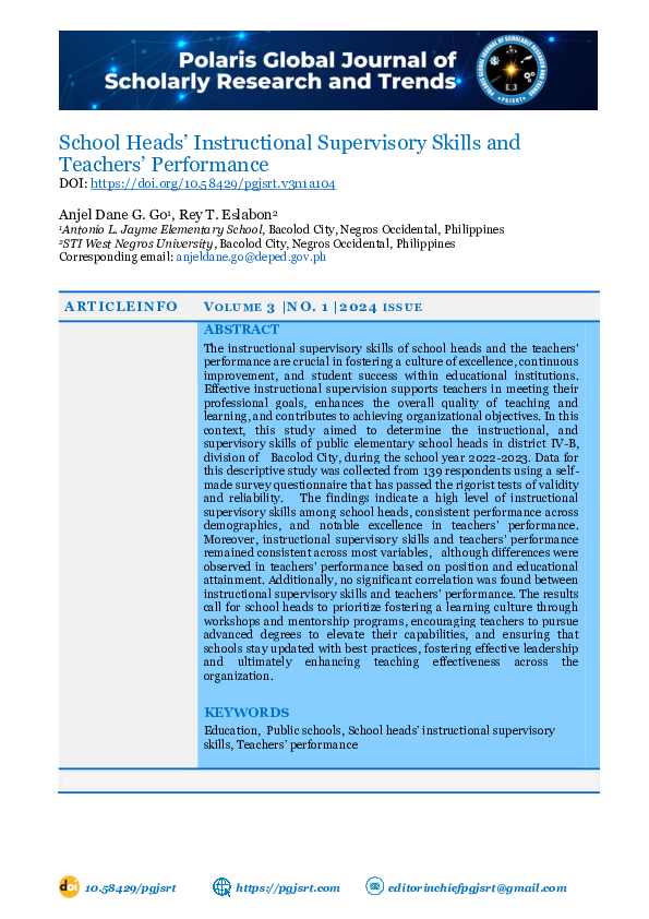 Pdf School Heads Instructional Supervisory Skills And Teachers