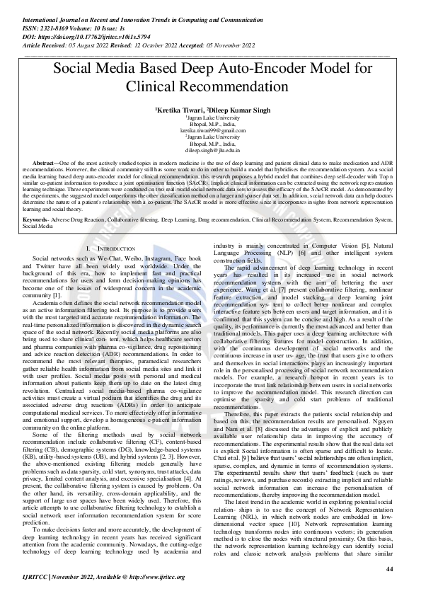 (PDF) Social Media Based Deep Auto-Encoder Model for Clinical Recommendation
