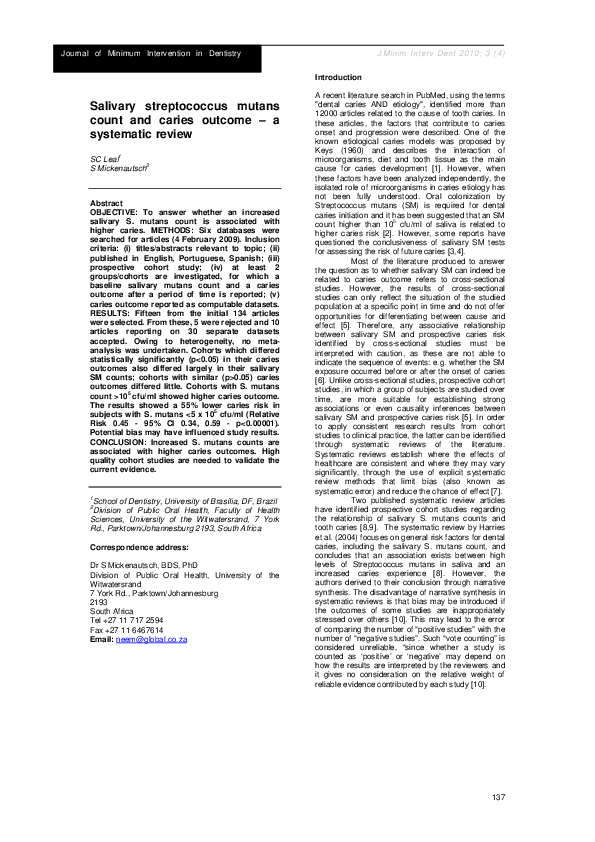 (PDF) Salivary streptococcus mutans count and caries outcome - a ...