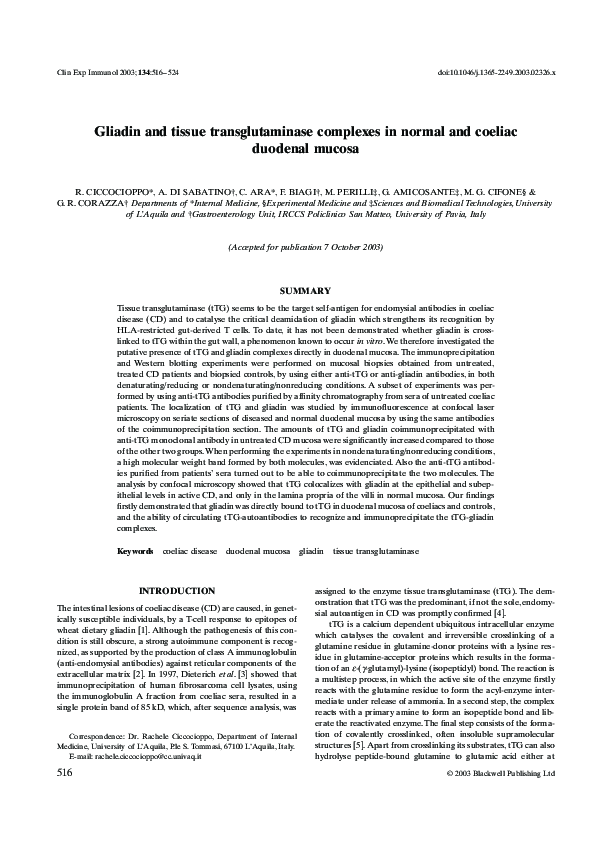(PDF) Gliadin and tissue transglutaminase complexes in normal and ...