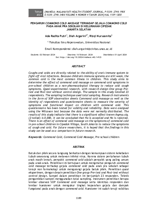 (PDF) Pengaruh Commond Cold Massage Terhadap Gejala Commond Cold Pada Anak Pra Sekolah di ...