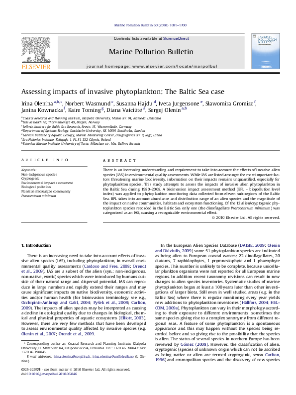 (PDF) Assessing impacts of invasive phytoplankton: The Baltic Sea case