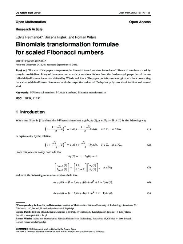 (PDF) Binomials transformation formulae for scaled Fibonacci numbers