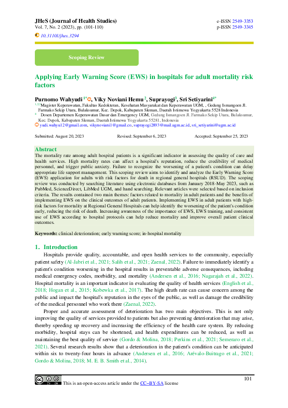 (PDF) Applying Early Warning Score (EWS) in hospitals for adult ...