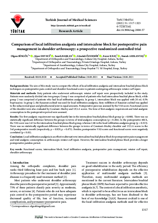 Pdf Comparison Of Local Infiltration Analgesia And Interscalene Block