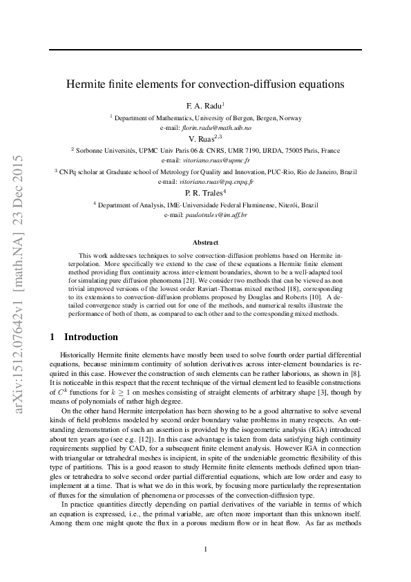 (PDF) Hermite finite elements for convection-diffusion equations