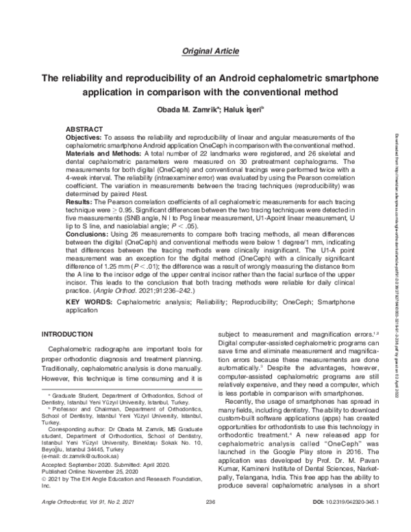 (PDF) The reliability and reproducibility of an Android cephalometric smartphone application in ...