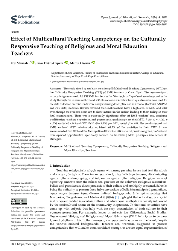 (PDF) Effect of Multicultural Teaching Competency on the Culturally Responsive Teaching of ...