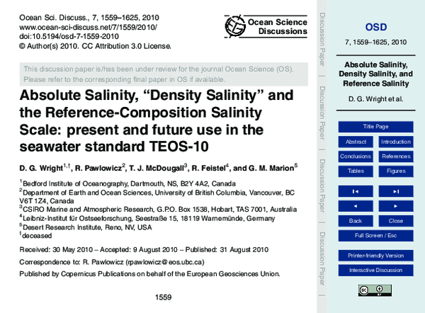 (PDF) Absolute Salinity, "Density Salinity" and the Reference-Composition Salinity Scale ...