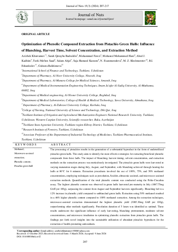 (PDF) Optimization of Phenolic Compound Extraction from Pistachio Green ...