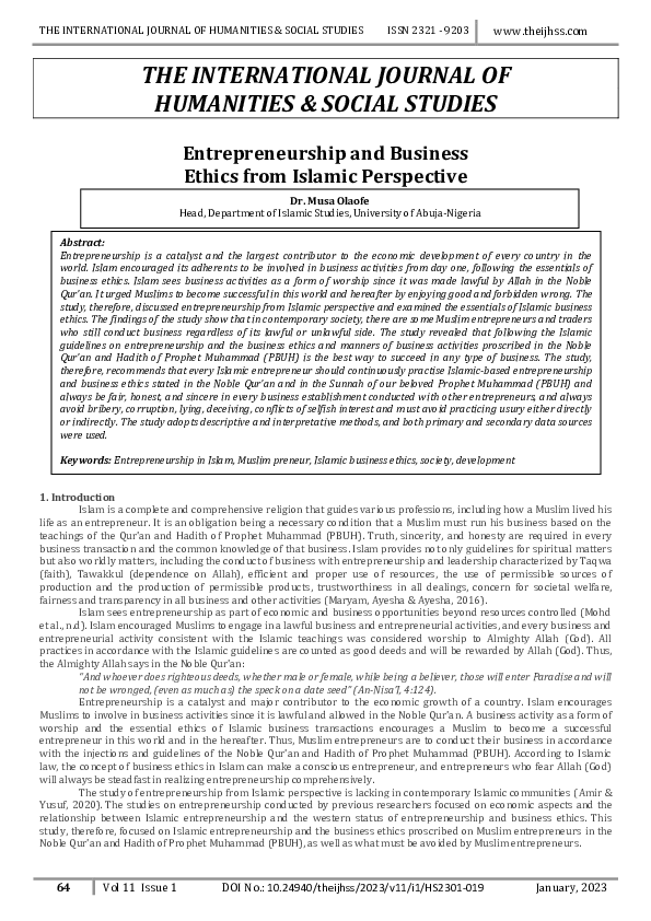 (PDF) Entrepreneurship and Business Ethics from Islamic Perspective