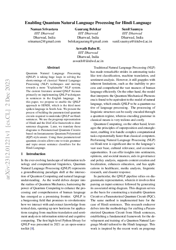 (PDF) Enabling Quantum Natural Language Processing for Hindi Language