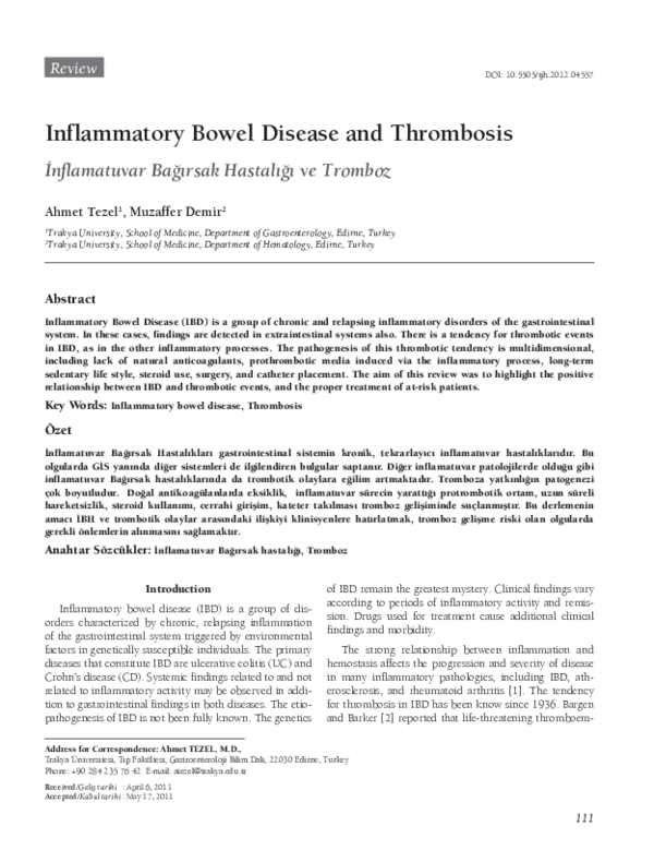 (PDF) Inflammatory Bowel Disease and Thrombosis | Ahmet Tezel ...