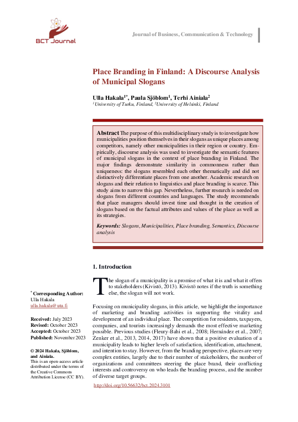 (PDF) Place Branding in Finland: A Discourse Analysis of Municipal Slogans