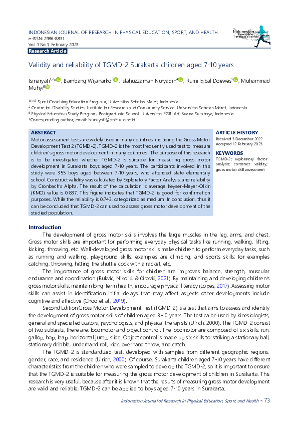 (PDF) Validity and reliability of TGMD-2 Surakarta children aged 7-10 years